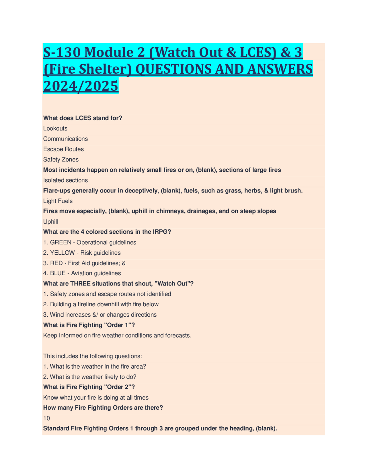 S-130 Module 2 (Watch Out & LCES) & 3 (Fire Shelter) QUESTIONS AND ...