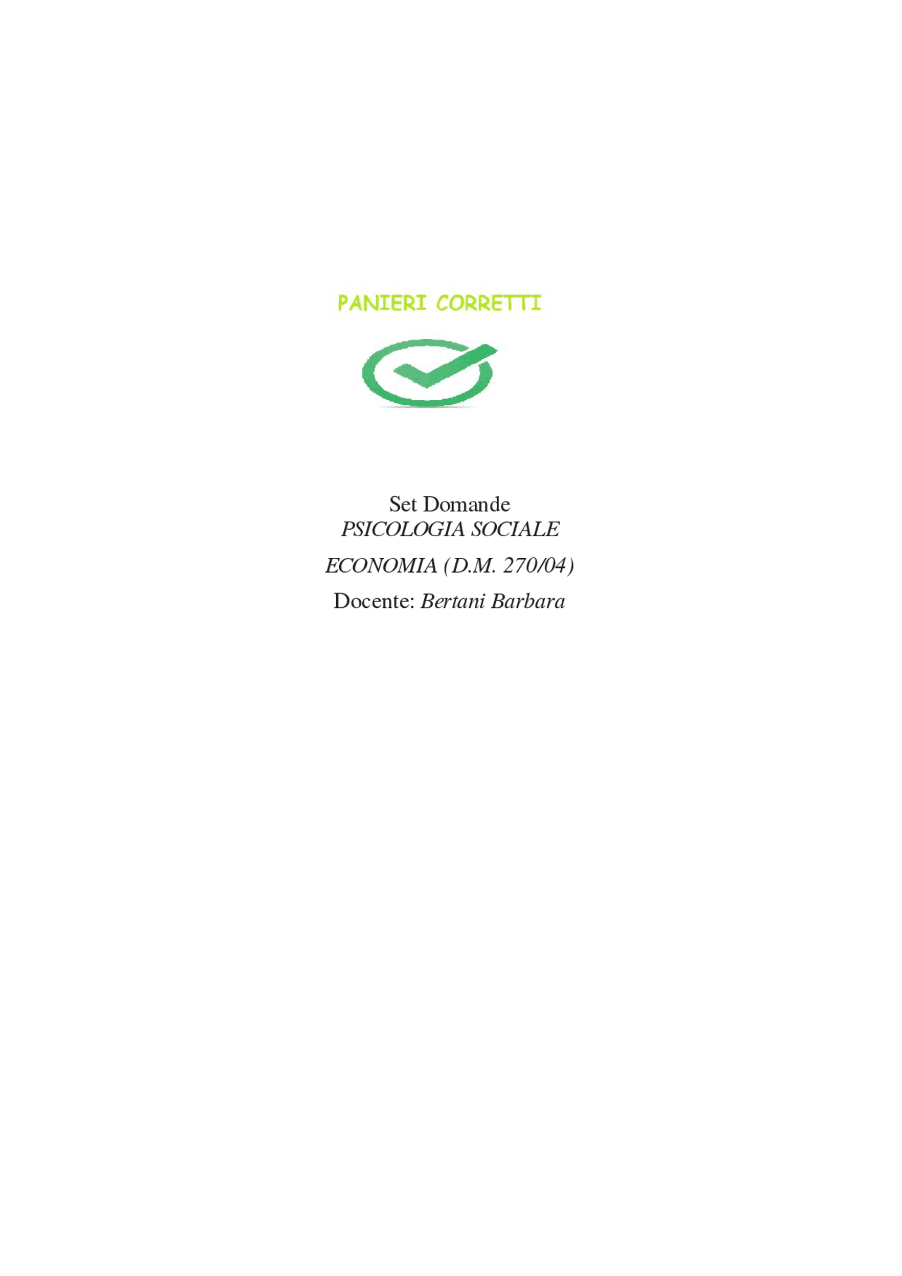 Paniere 2024 PSICOLOGIA SOCIALE ECONOMIA (D.M. 27004) Docente Bertani ...