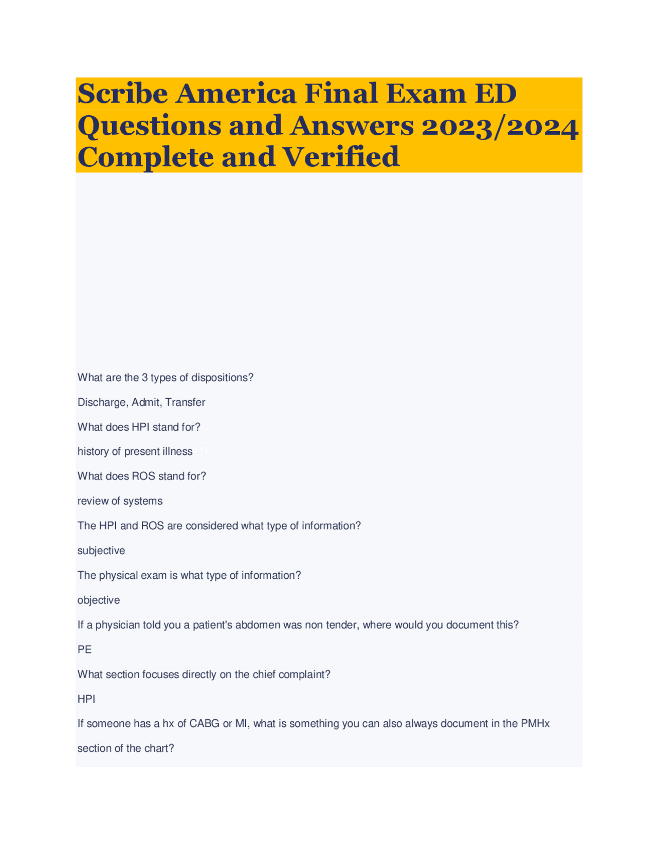 Scribe America Final Exam ED Questions and Answers 2023/2024 Complete ...