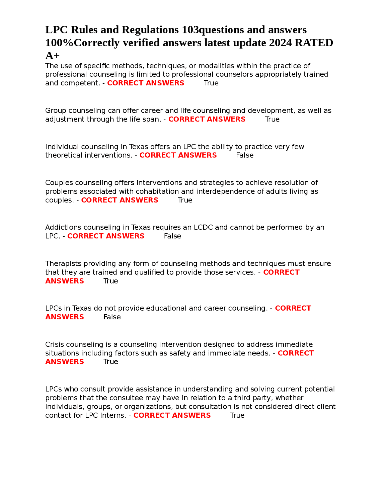 LPC Rules and Regulations 103questions and answers 100%Correctly ...