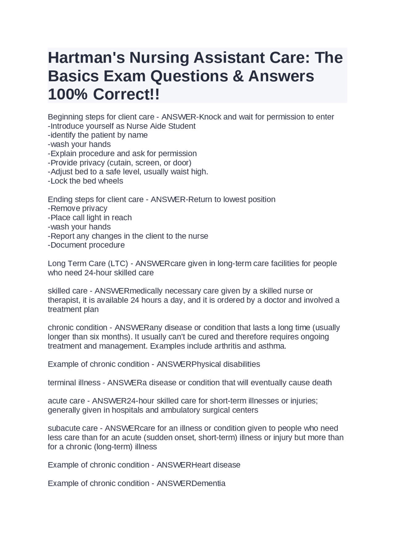 Hartman's Nursing Assistant Care: The Basics Exam Questions & Answers ...