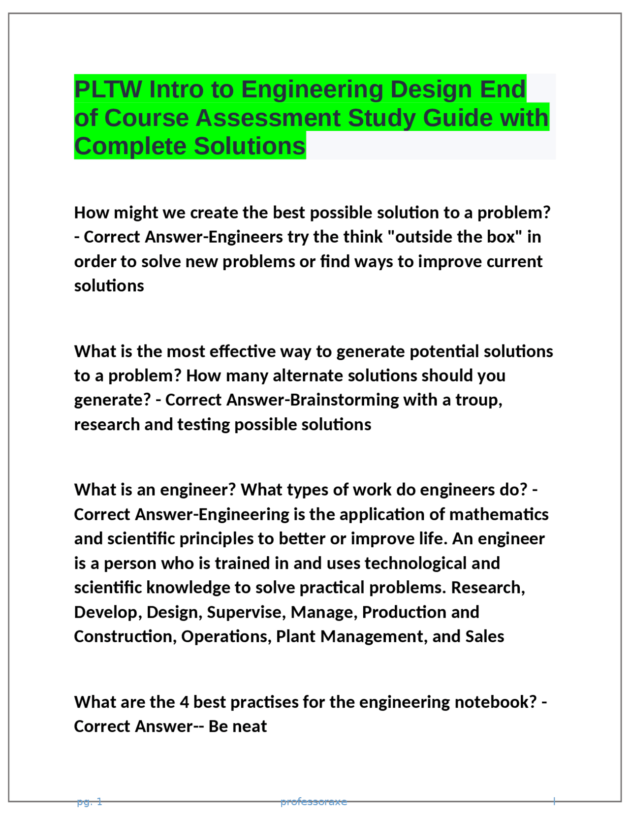 PLTW Intro to Engineering Design End of Course Assessment Study Guide ...