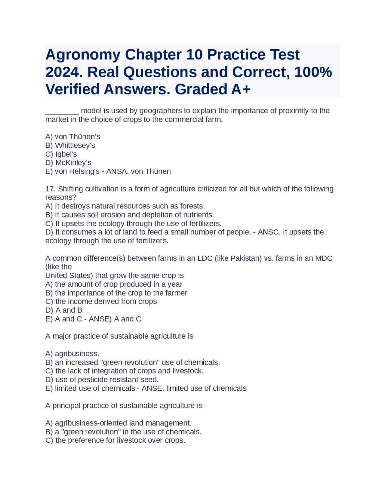 Agronomy Chapter 10 Practice Test 2024. Real Questions & Correct, 100% ...