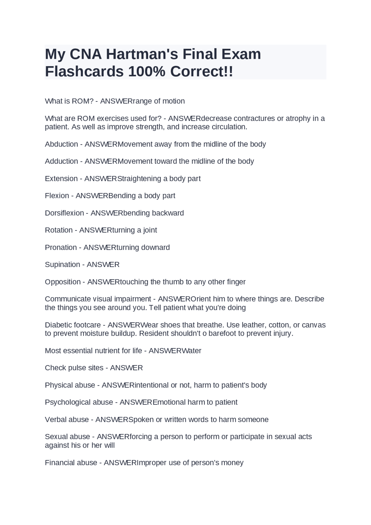 My CNA Hartman's Final Exam Flashcards 100% Correct!! | Exams Nursing ...