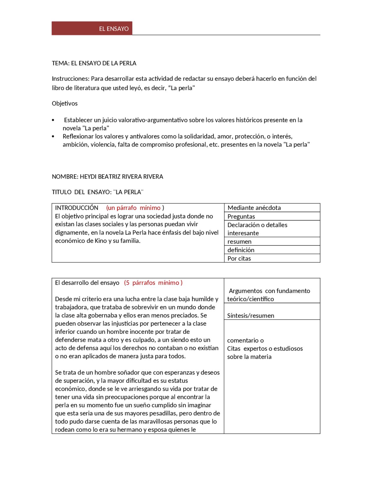 Ensayo La Perla Instrucciones: Para desarrollar esta actividad de ...