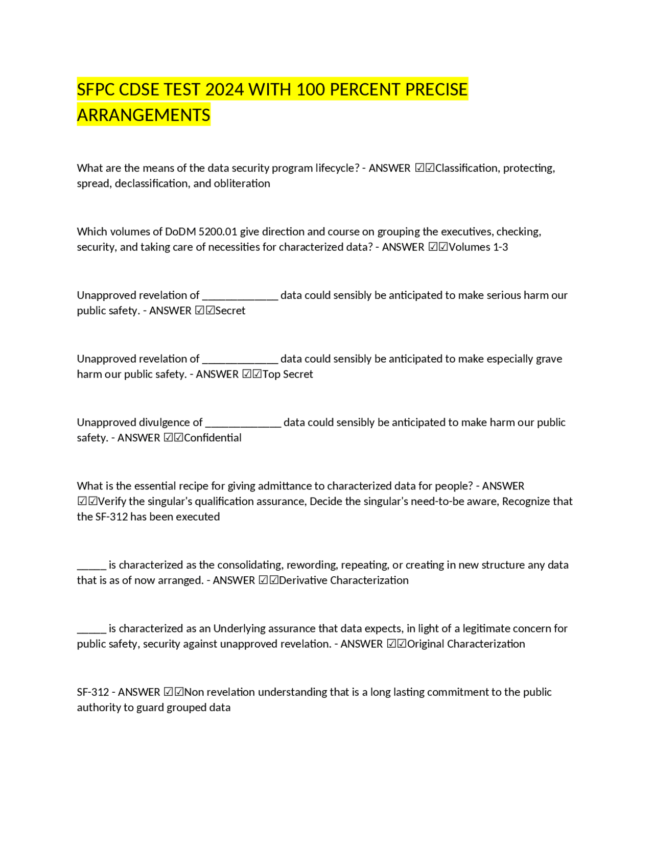 SFPC CDSE TEST 2024 WITH 100 PERCENT PRECISE ARRANGEMENTS | Exams ...