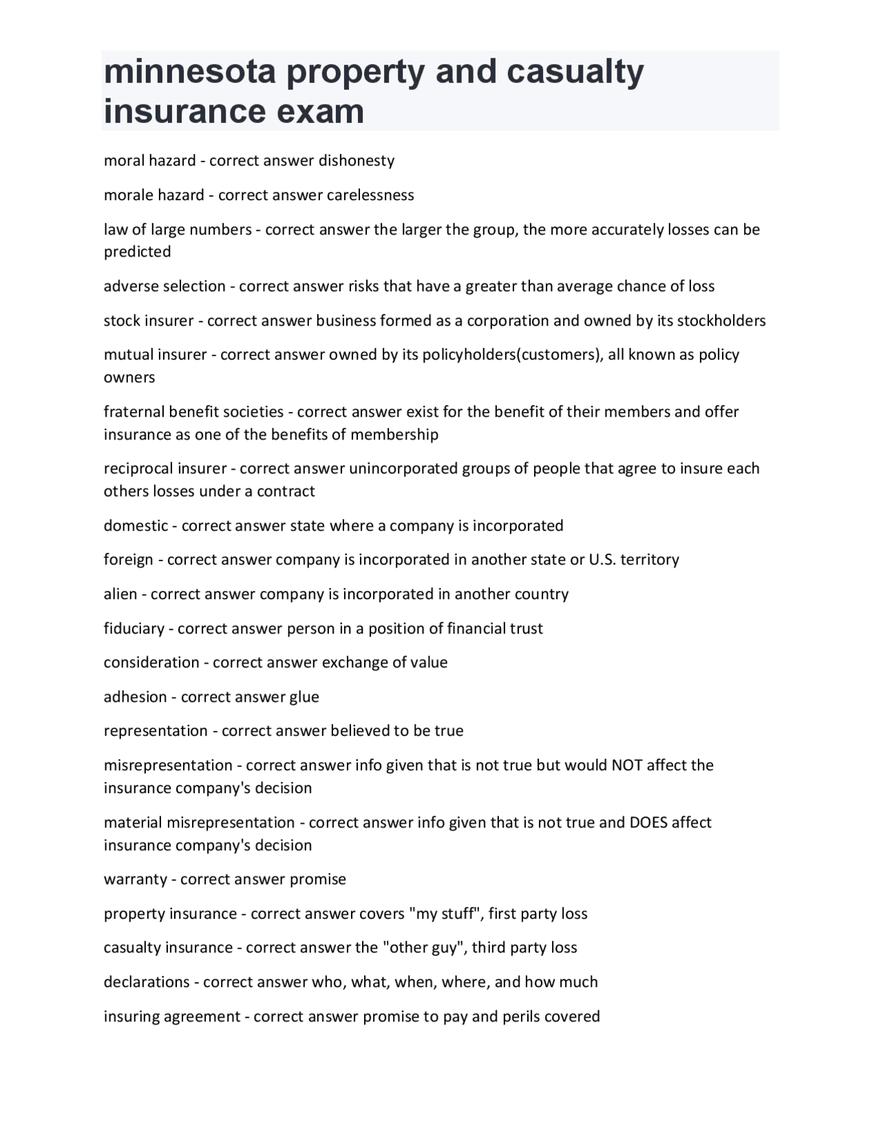 minnesota property and casualty insurance exam questions with correct ...