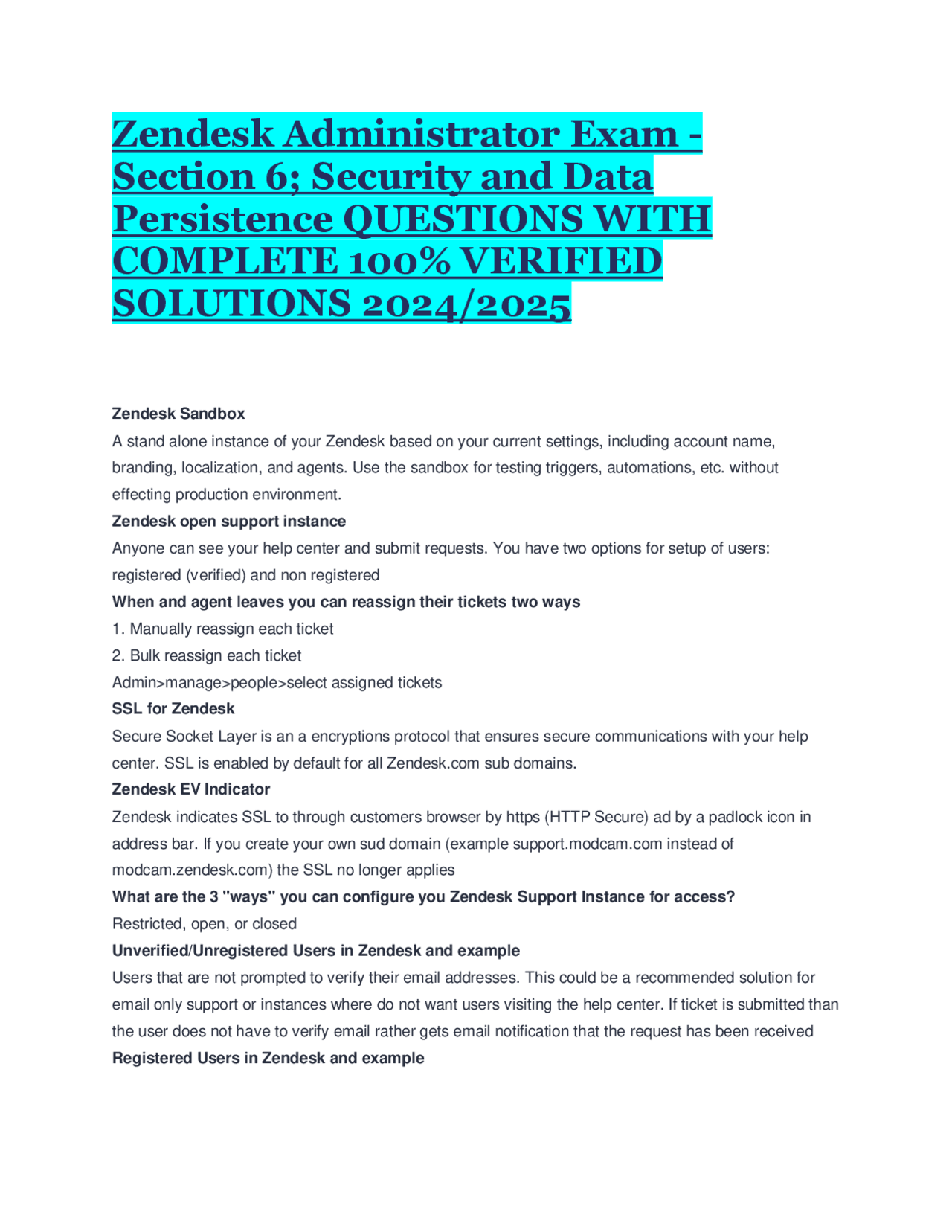 Zendesk Administrator Exam - Section 6; Security and Data Persistence QUESTIONS WITH COMPL ...