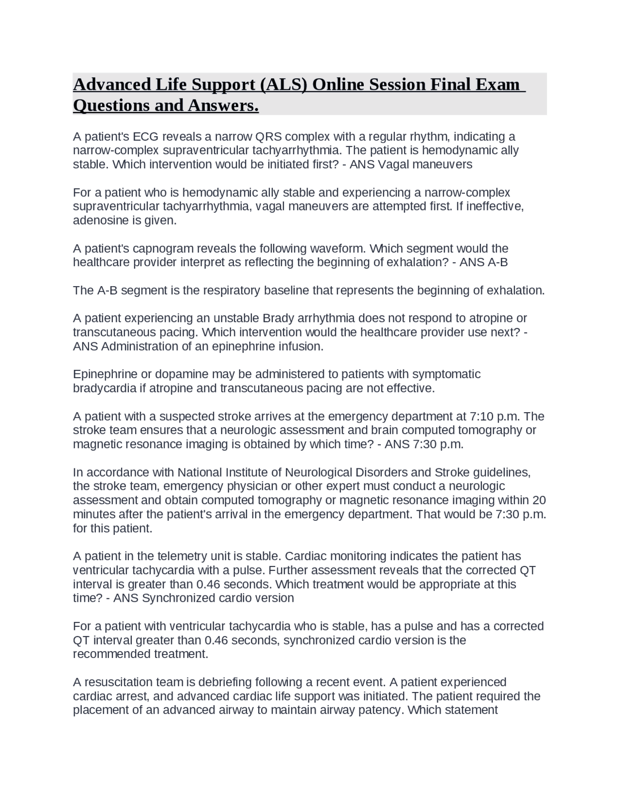 Advanced Life Support (ALS) Online Session Final Exam Questions and ...