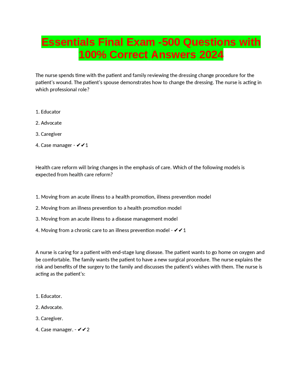 Essentials Final Exam -500 Questions with 100% Correct Answers 2024 ...