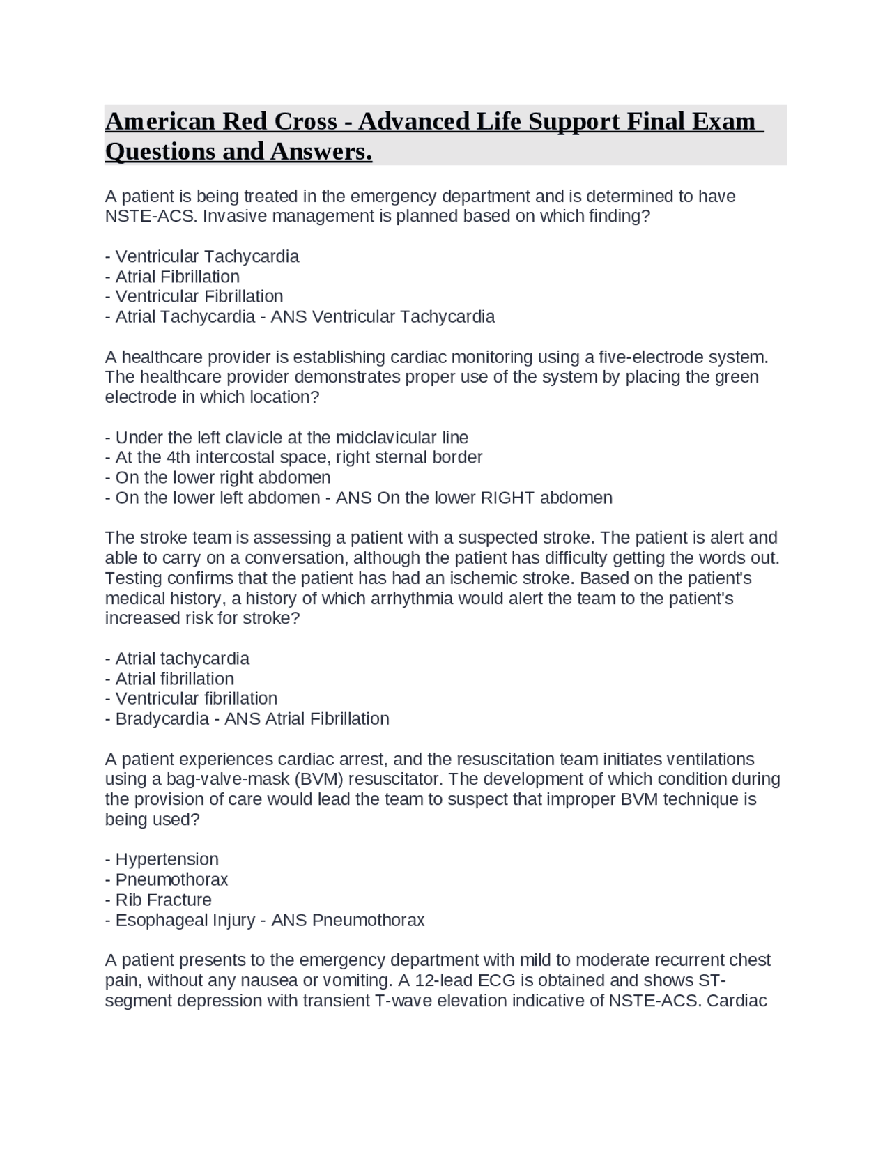 American Red Cross - Advanced Life Support Final Exam Questions and ...