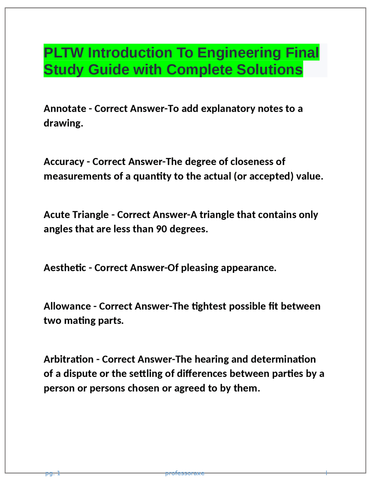 PLTW Introduction To Engineering Final Study Guide with Complete ...