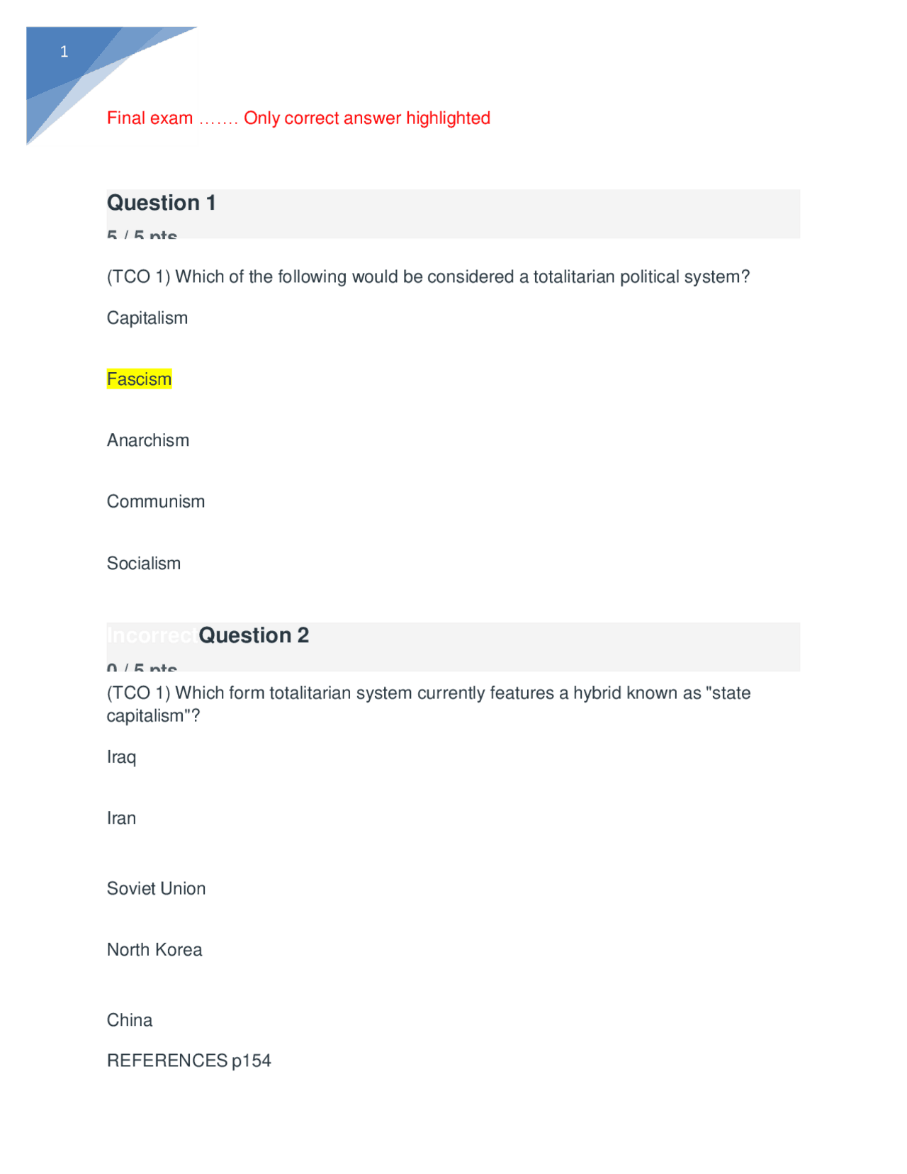 POLI 330N FINAL EXAM 2 – WEEK 8 QUESTION AND ANSWERS | Exams Nursing | Docsity
