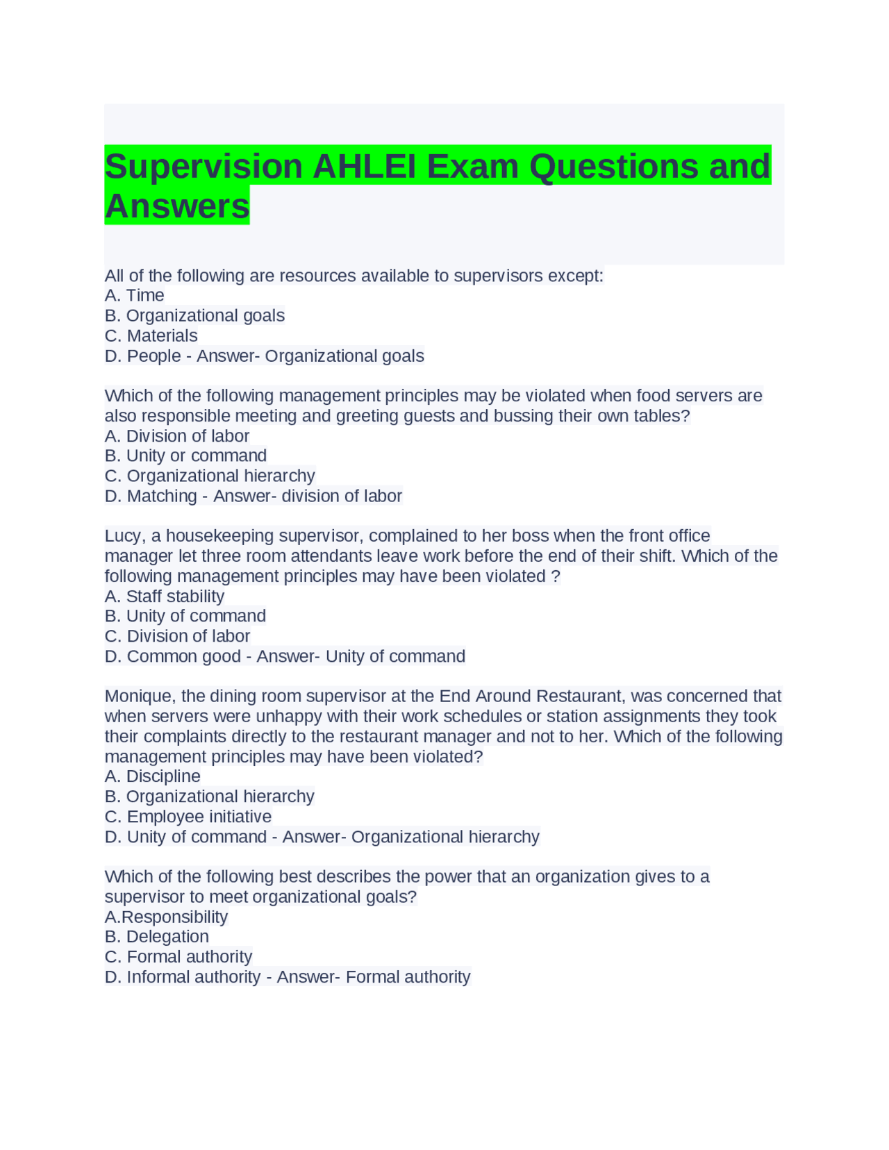 Supervision AHLEI Exam Questions and Answers | Exams Nursing | Docsity