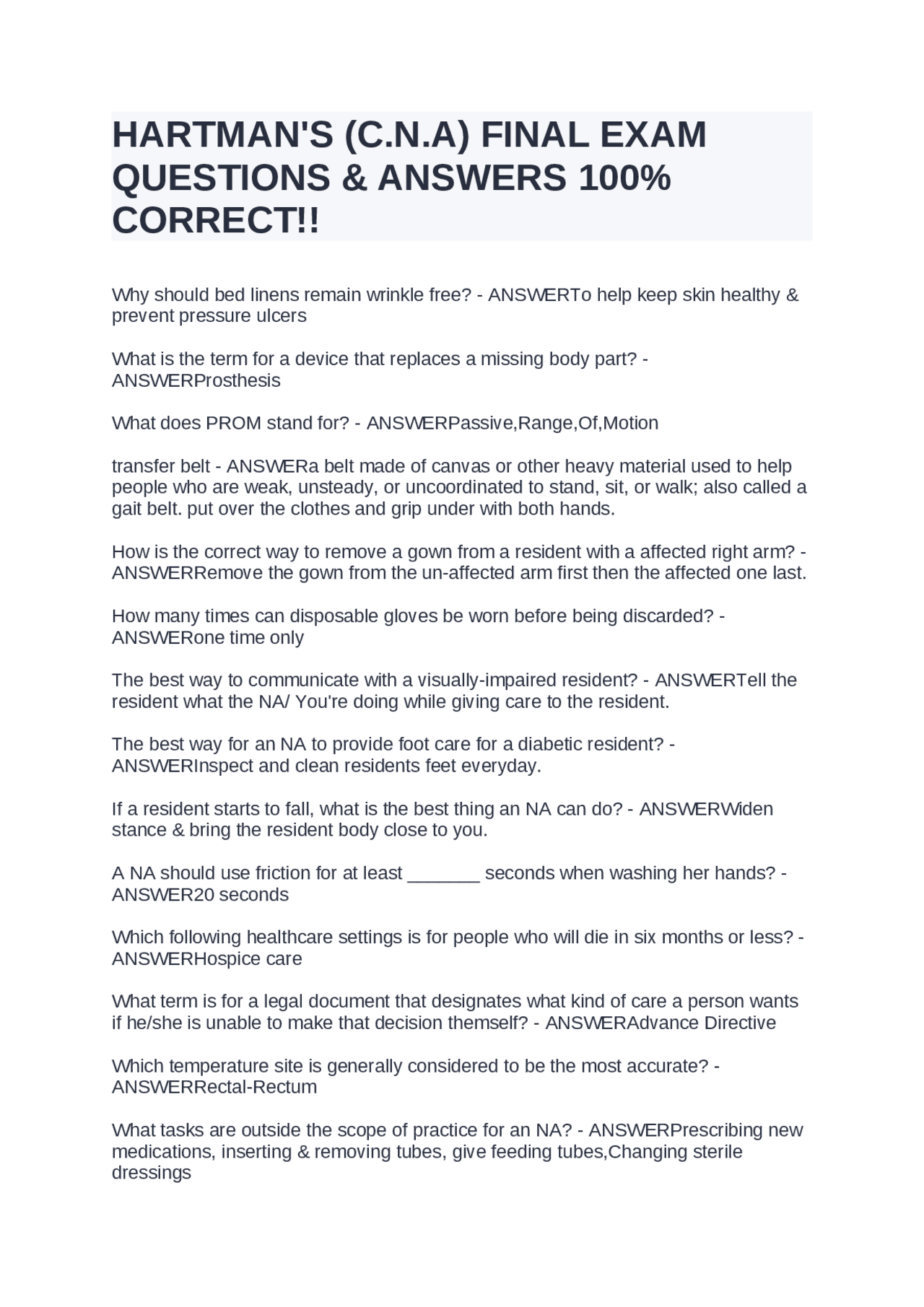 HARTMAN'S (C.N.A) FINAL EXAM QUESTIONS & ANSWERS 100% CORRECT!! | Exams Nursing | Docsity