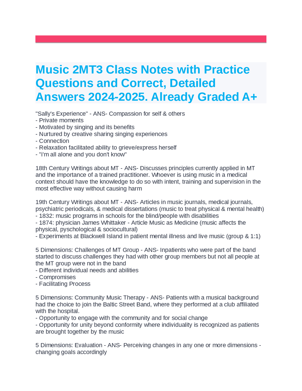 Music 2MT3 Class Notes with Practice Questions and Correct, Detailed ...