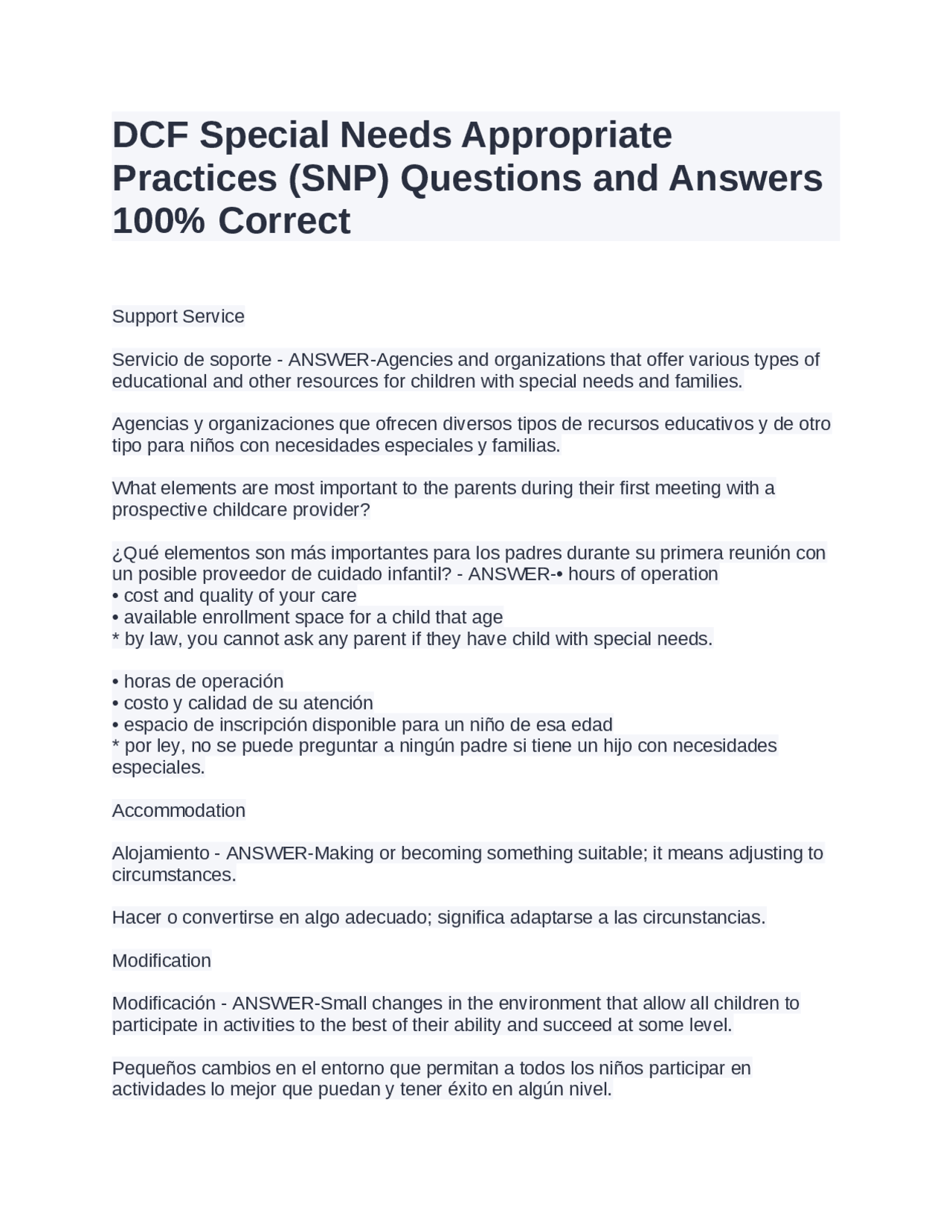 DCF Special Needs Appropriate Practices (SNP) Questions and Answers 100 ...