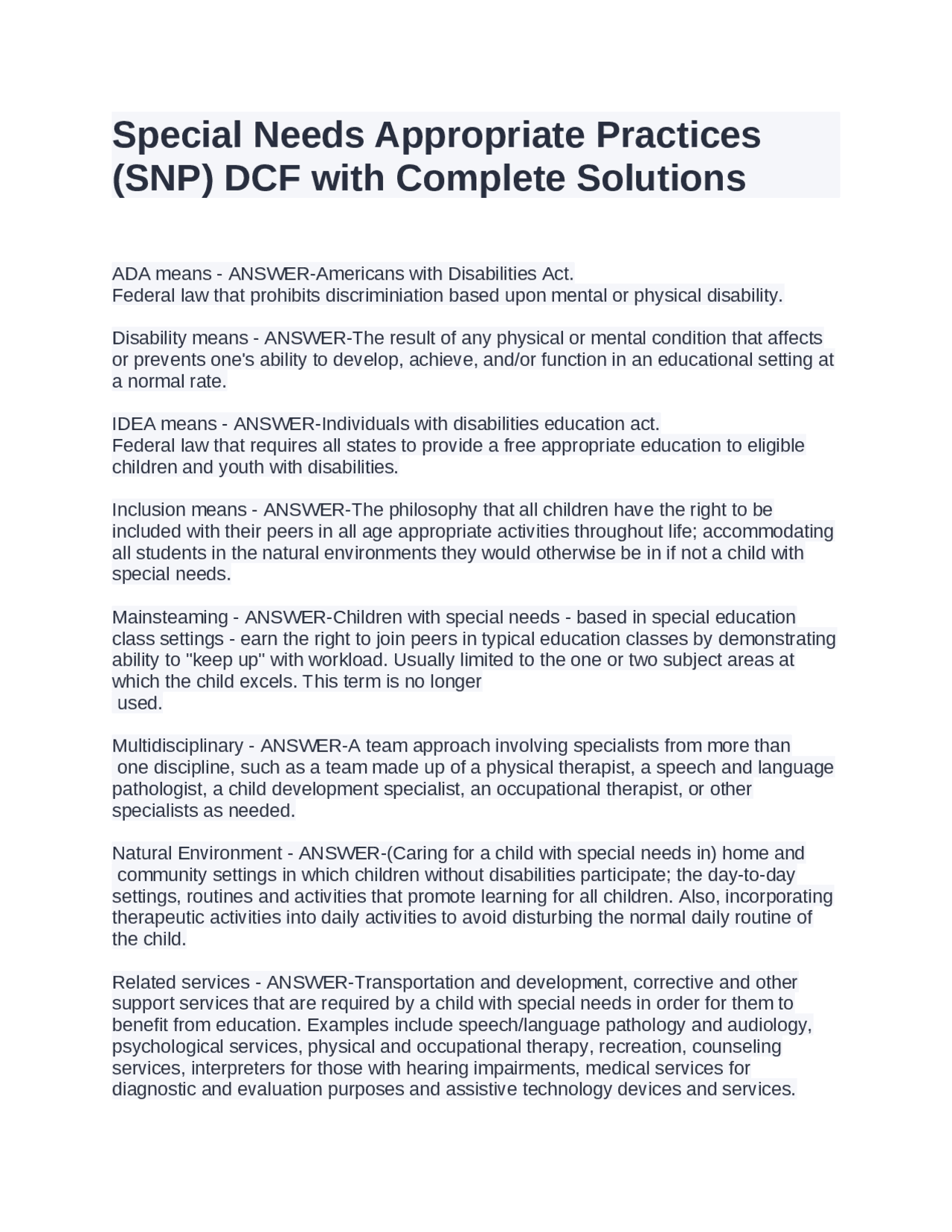 Special Needs Appropriate Practices (SNP) DCF with Complete Solutions | Exams Community Health ...