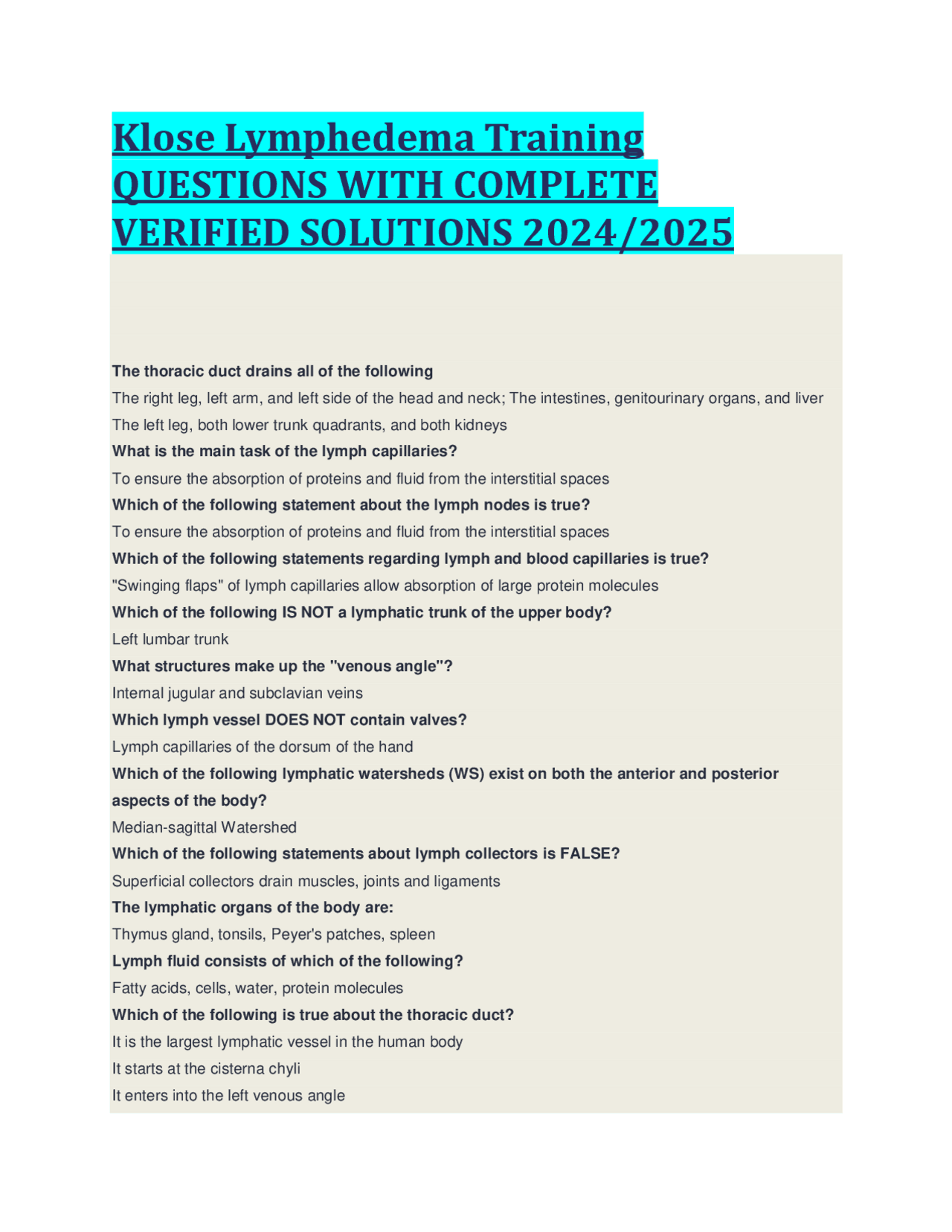 Klose Lymphedema Training QUESTIONS WITH COMPLETE VERIFIED SOLUTIONS ...