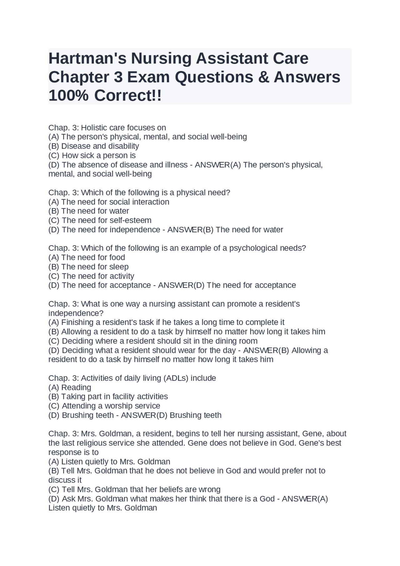 Hartman's Nursing Assistant Care Chapter 3 Exam Questions & Answers 100% Correct!! | Exams ...