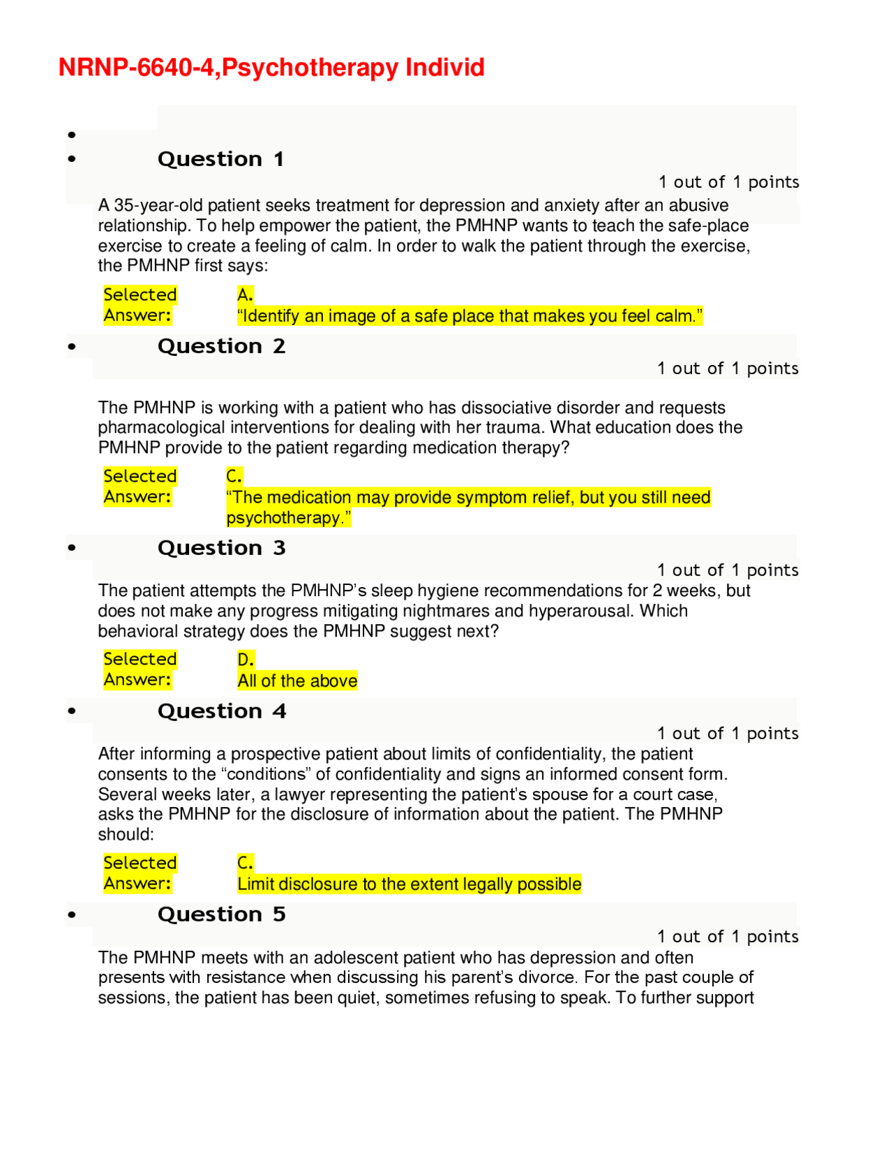 NRNP 6640 Midterm Exam Question and Answers NRNP-6640-4,Psychotherapy ...
