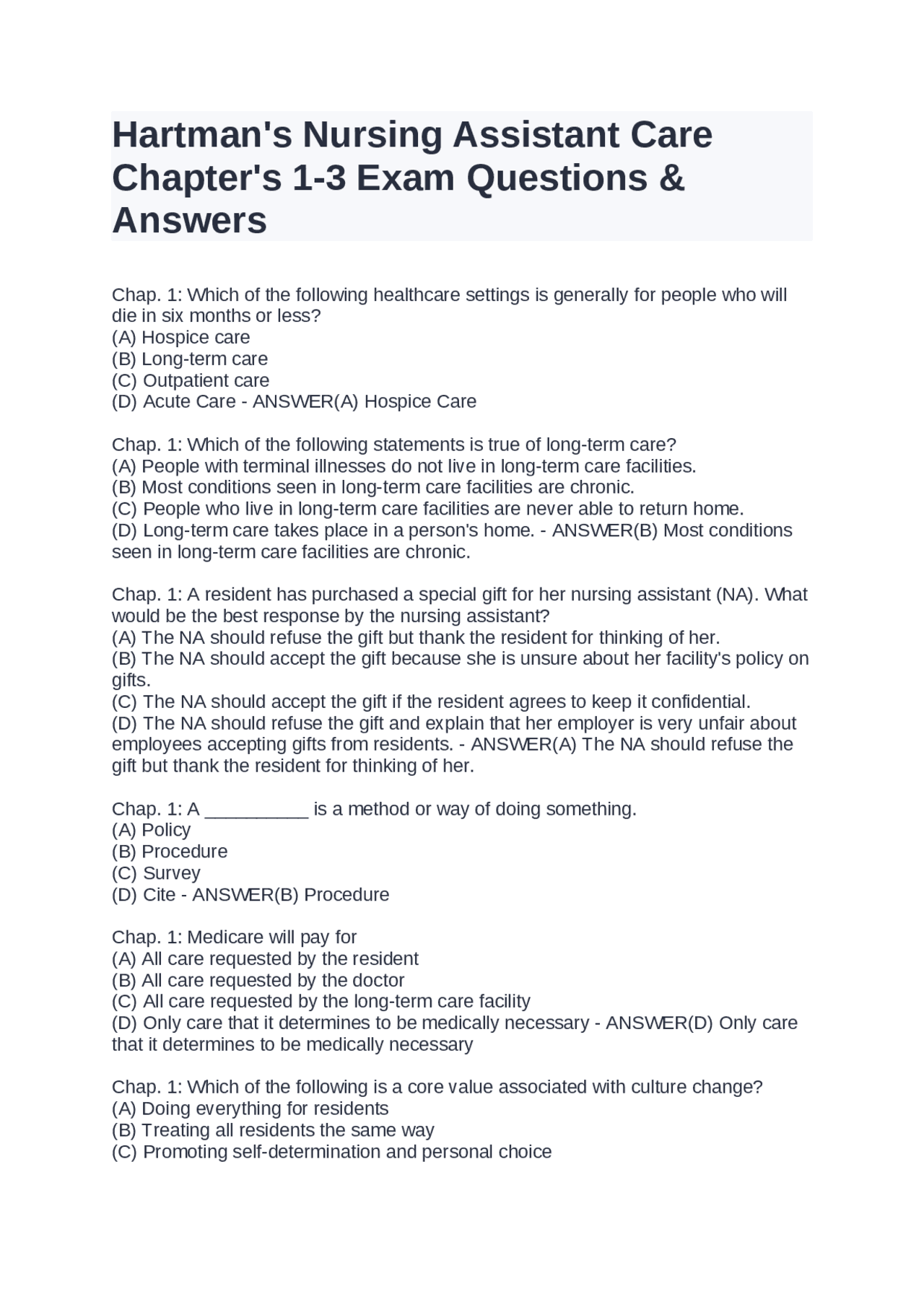 Hartman's Nursing Assistant Care Chapter's 1-3 Exam Questions & Answers | Exams Nursing | Docsity