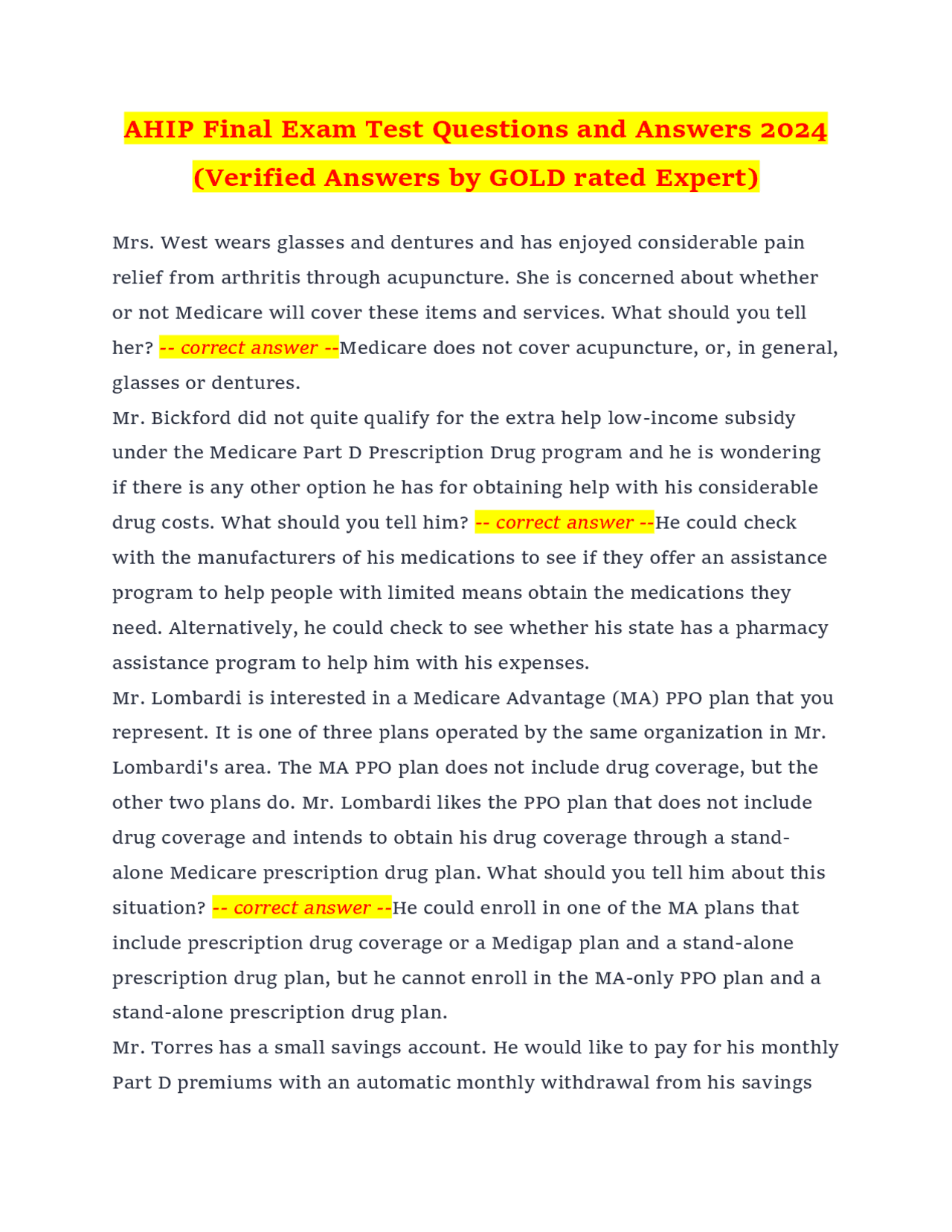 AHIP Final Exam Test Questions and Answers 2024 (Verified Answers by ...