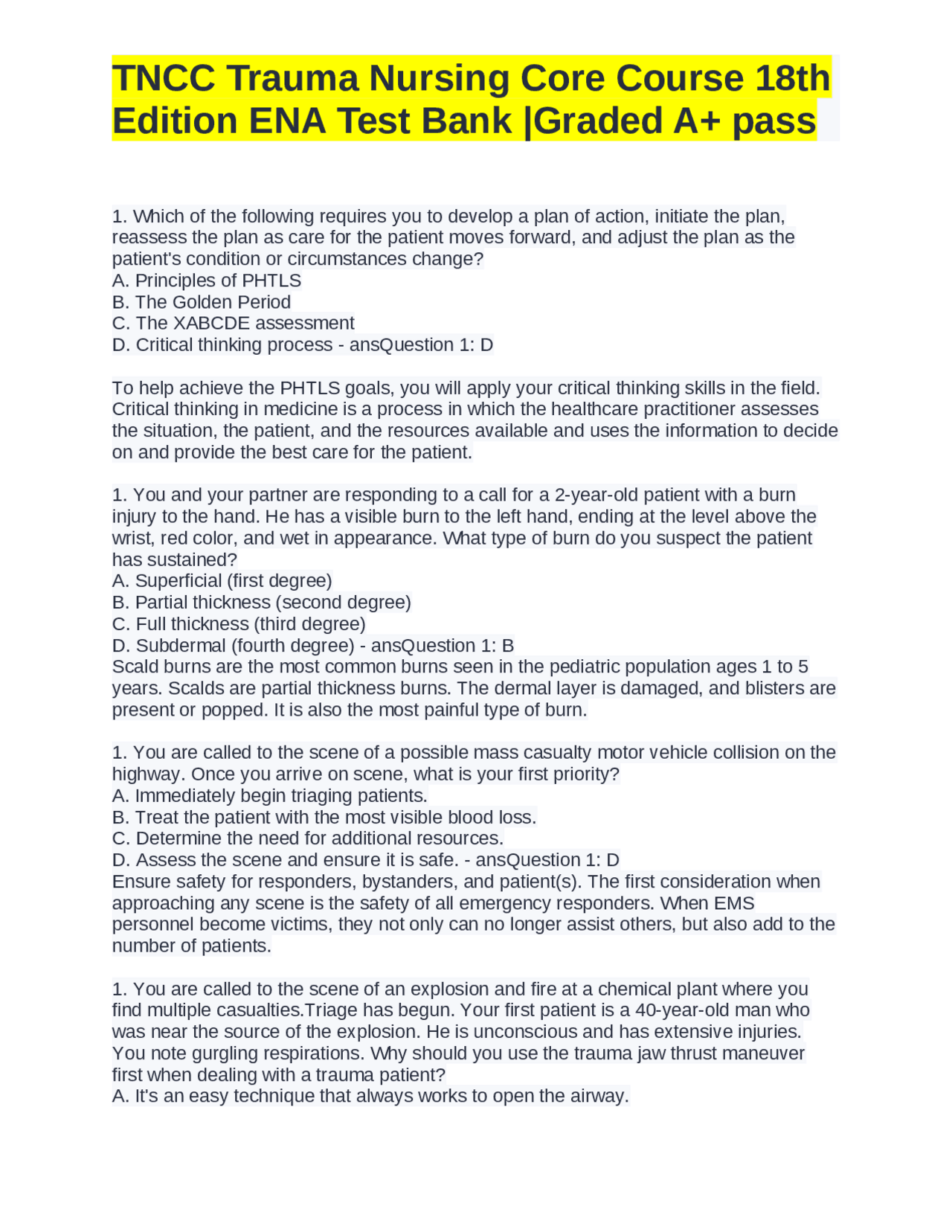 TNCC Trauma Nursing Core Course 18th Edition ENA Test Bank |Graded A+ ...