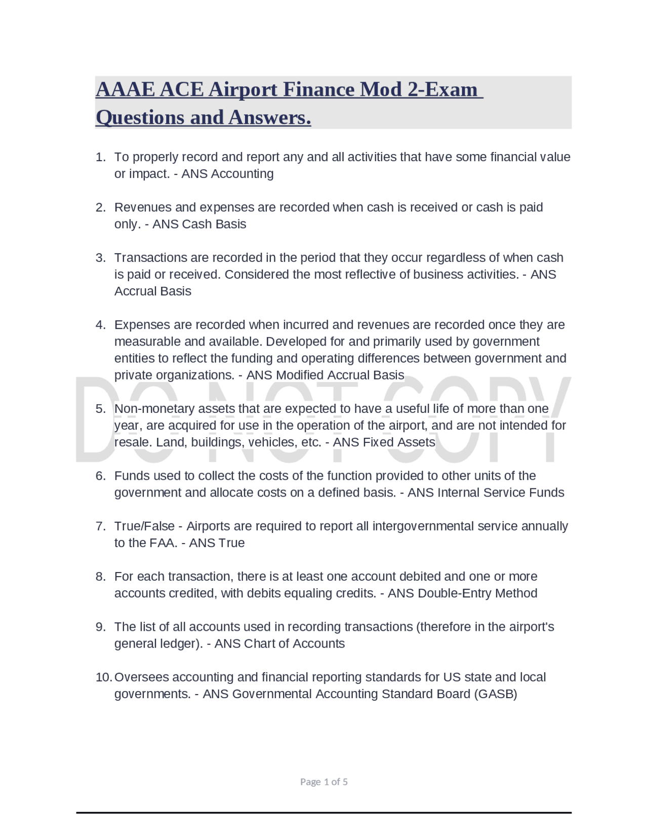 AAAE ACE Airport Finance Mod 2-Exam Questions and Answers. | Exams ...