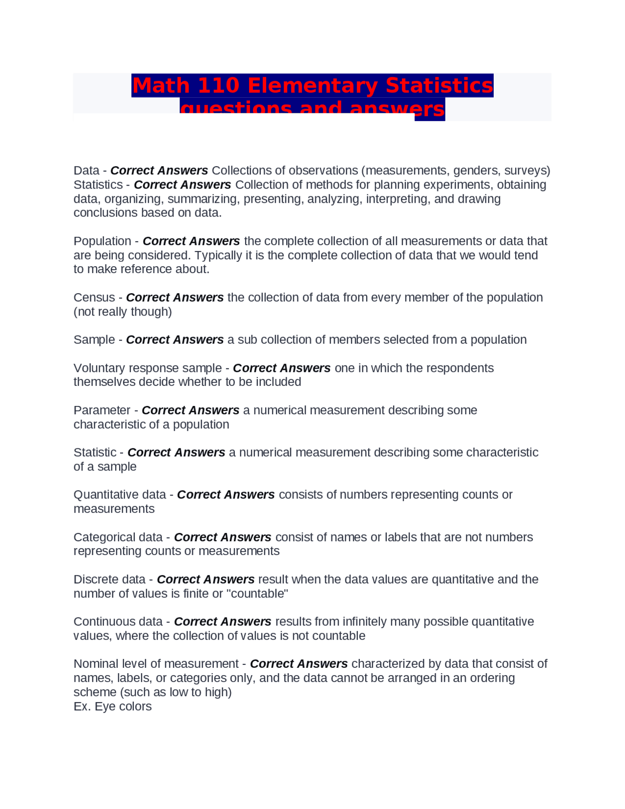 Math 110 Elementary Statistics questions and answers | Exams Statistics ...