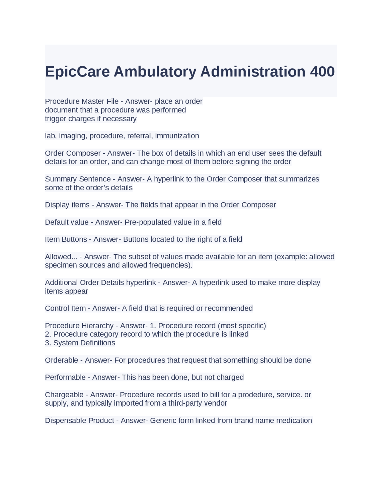 EpicCare Ambulatory Administration 400 Exam Questions and Answers ...