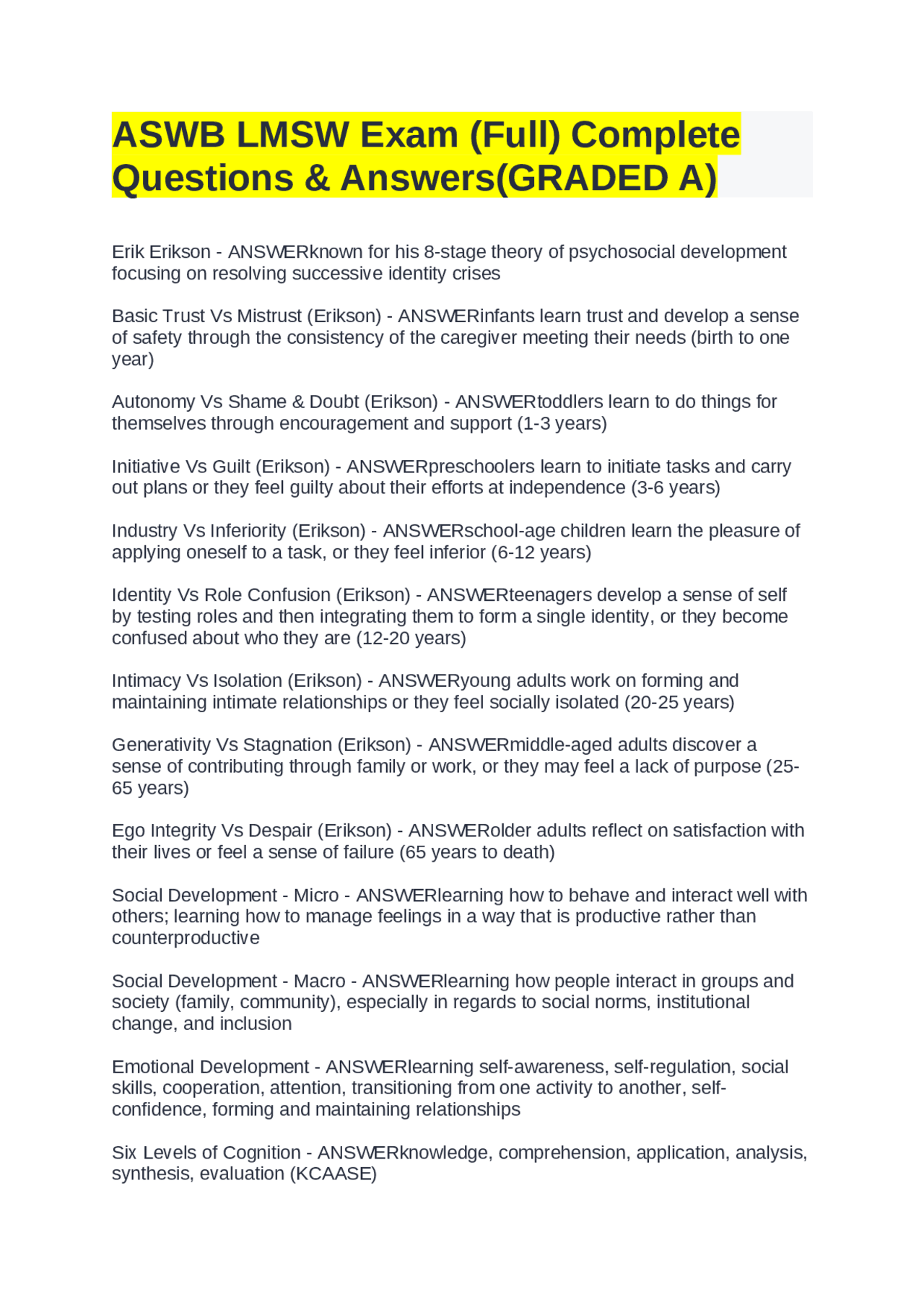 ASWB LMSW Exam (Full) Complete Questions & Answers(GRADED A) | Exams ...