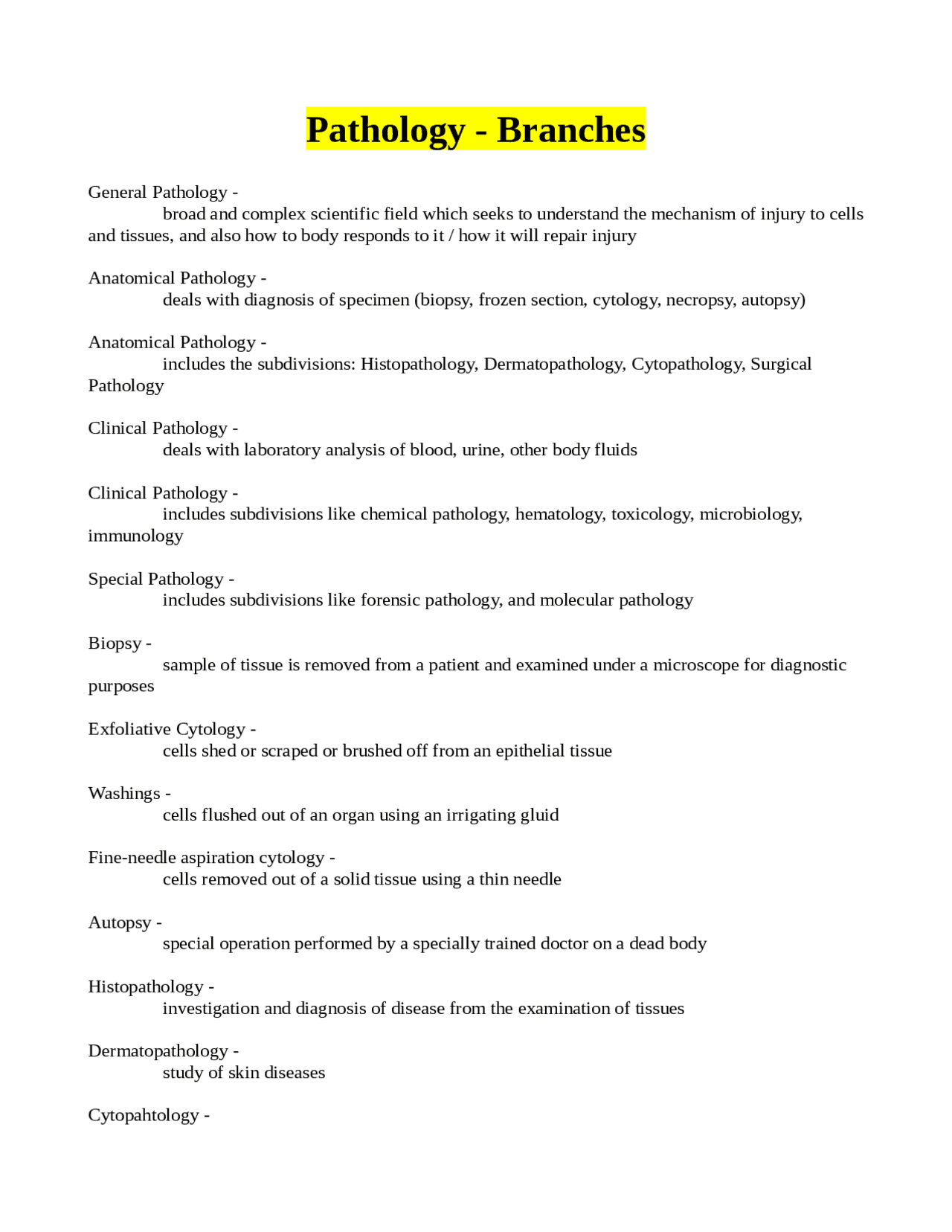 Pathology - Branches Pathology - Branches | Exams Pathology | Docsity