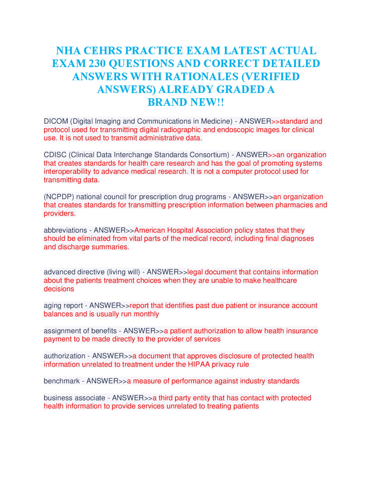 NHA CEHRS PRACTICE EXAM LATEST ACTUAL EXAM 230 QUESTIONS AND CORRECT ...