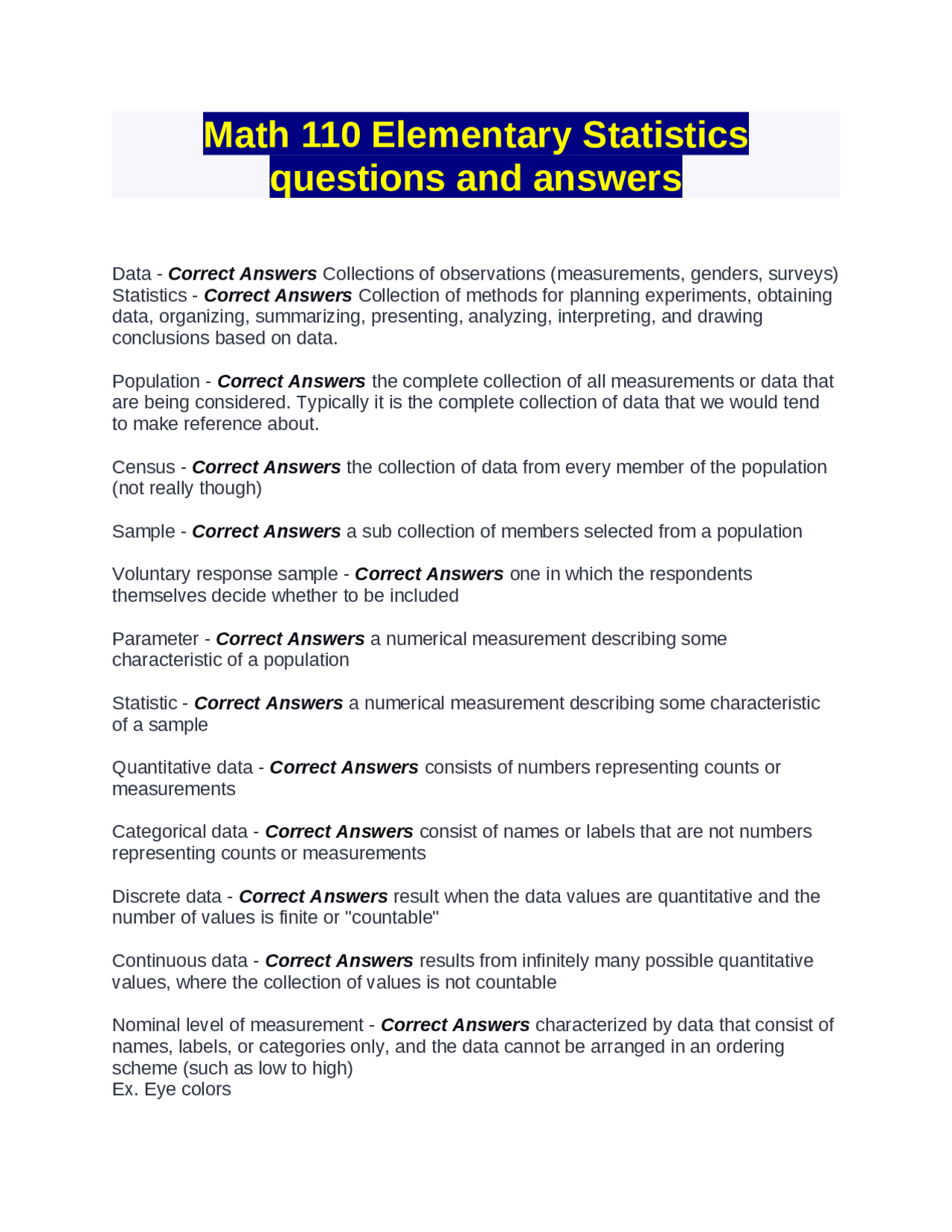 Math 110 Elementary Statistics questions and answers | Exams Statistics | Docsity