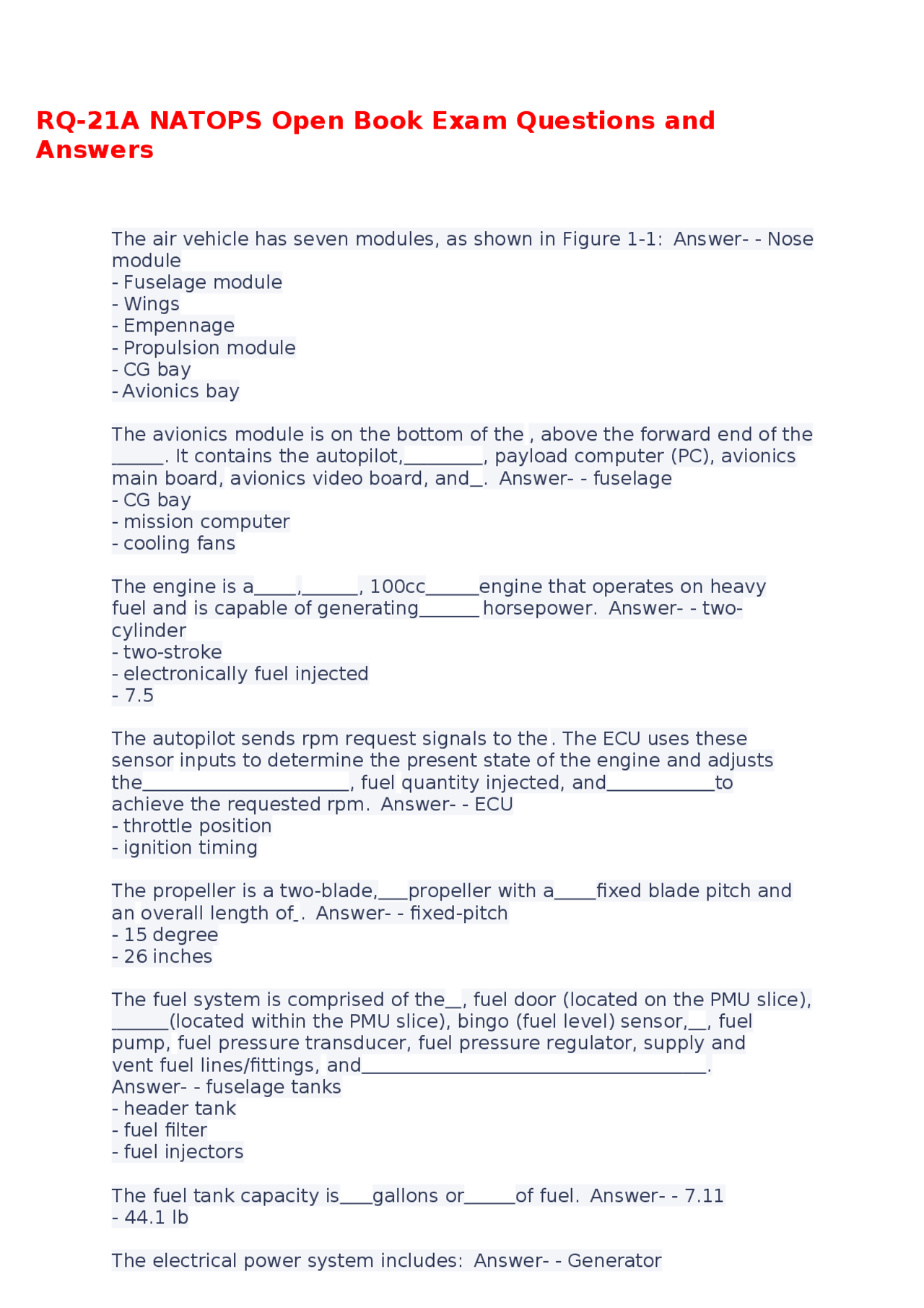 RQ-21A NATOPS Open Book Exam Questions and Answers | Exams Business ...