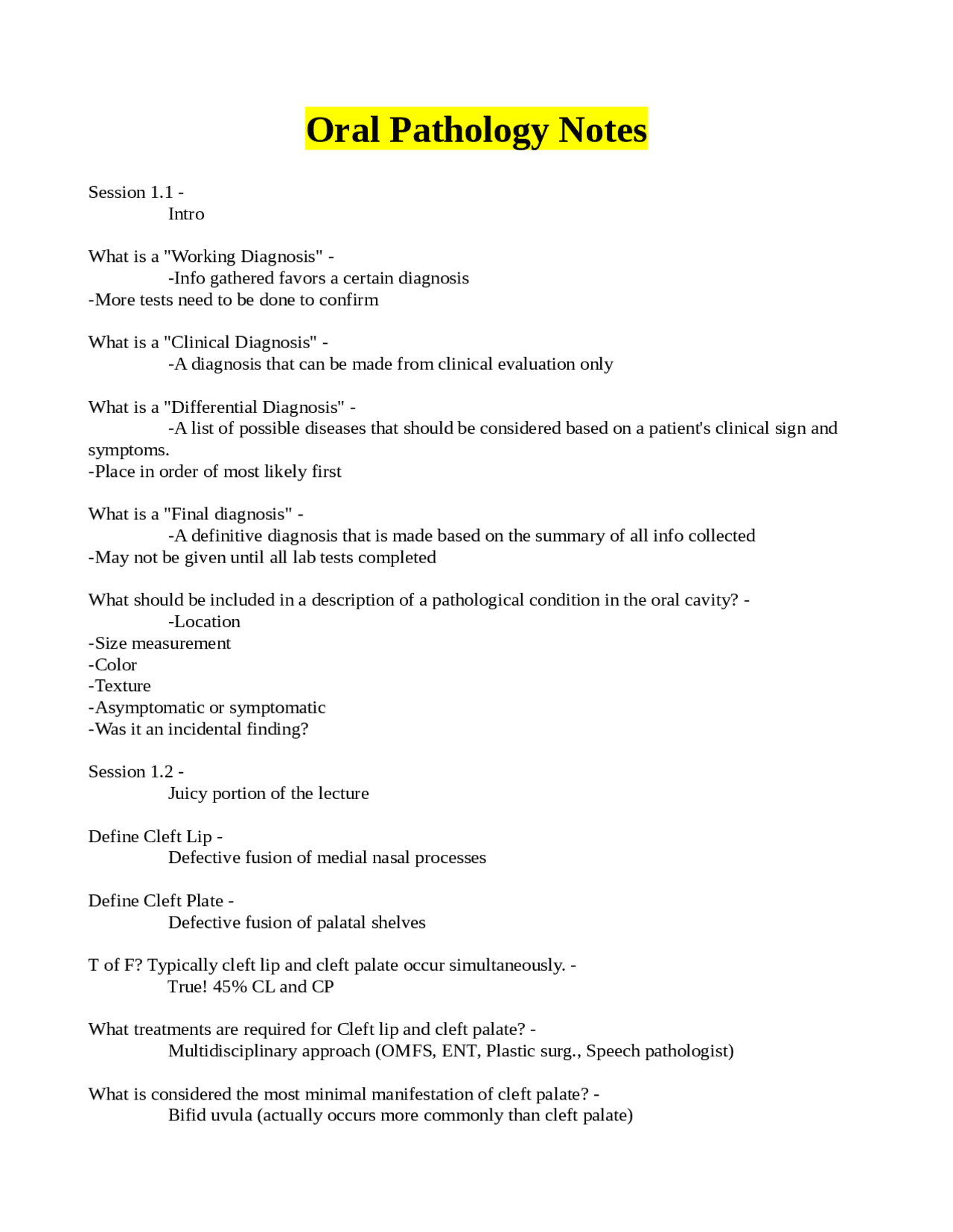 Oral Pathology Notes Oral Pathology Notes | Exams Pathology | Docsity