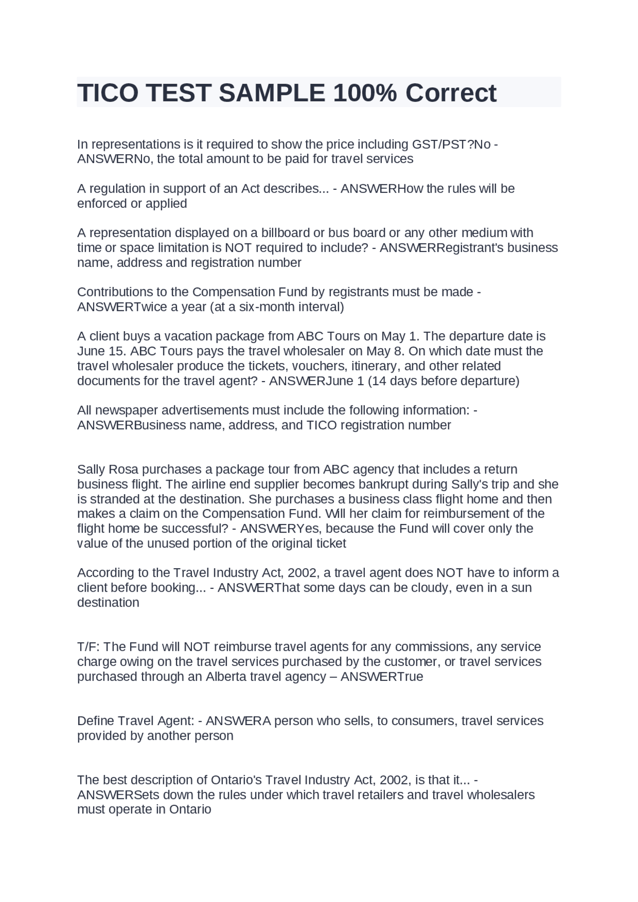 TICO TEST SAMPLE 100% Correct | Exams Transport economics | Docsity