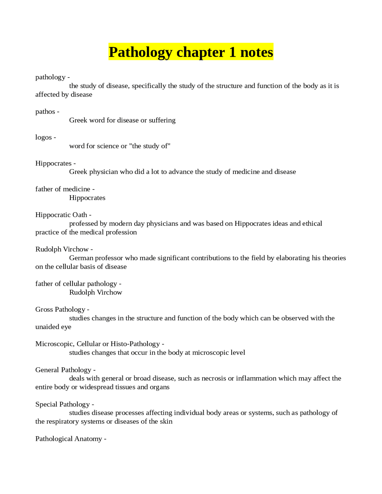 Pathology chapter 1 notes | Exams Pathology | Docsity