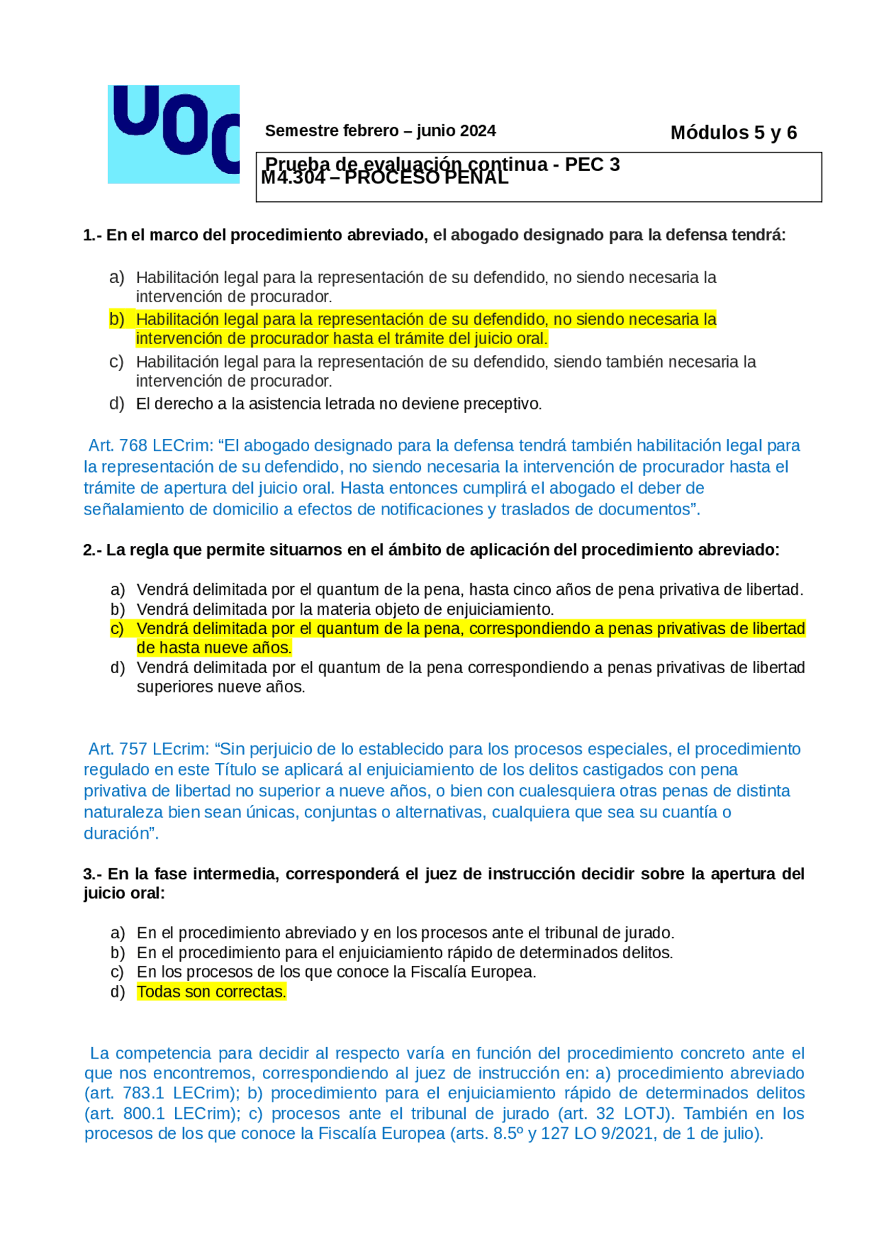 Procedimiento abreviado en el proceso penal español | Ejercicios de Derecho Procesal | Docsity