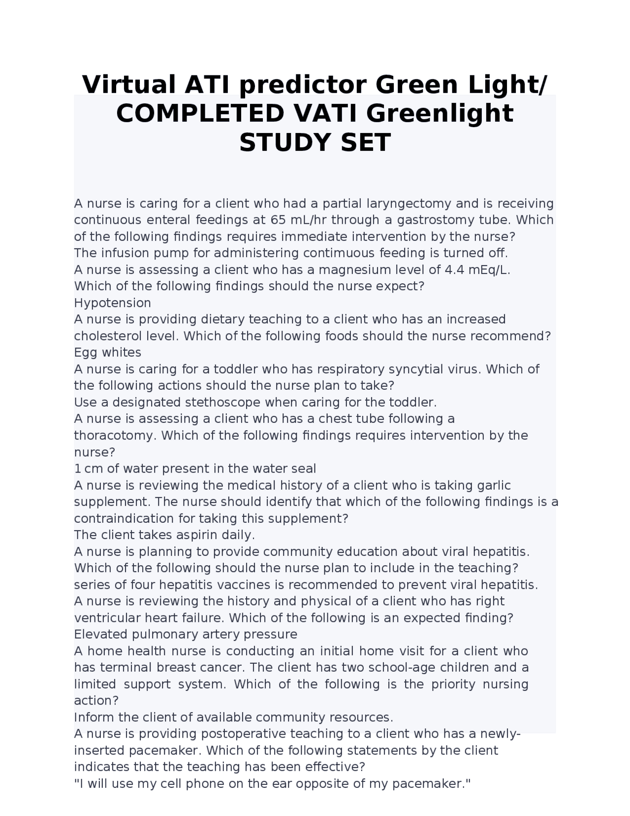 Virtual ATI predictor Green Light/ COMPLETED VATI Greenlight STUDY SET ...