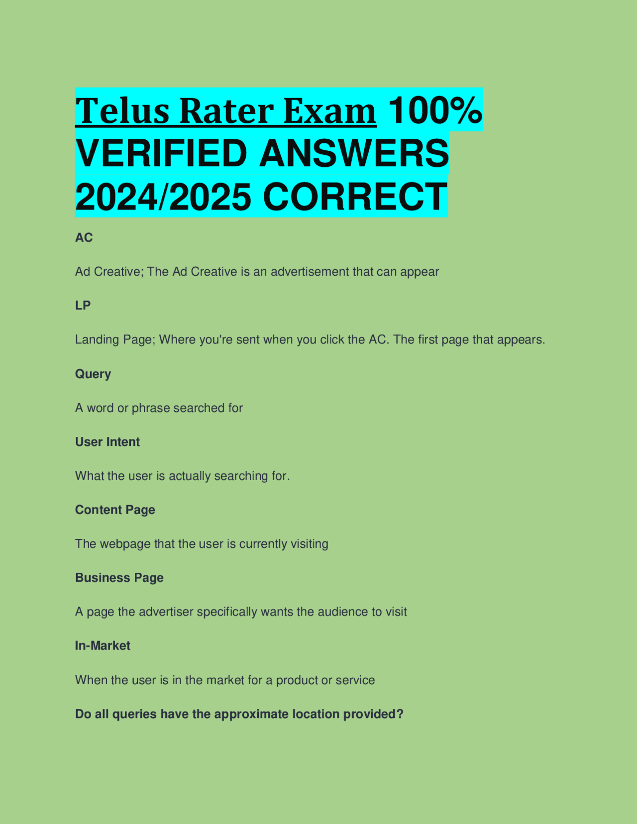 Telus Rater Exam 100% VERIFIED ANSWERS 2024/2025 CORRECT | Exams ...