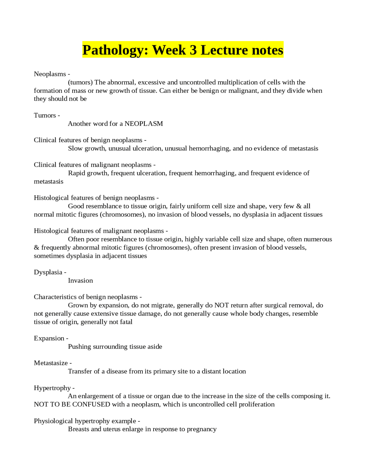 Pathology: Week 3 Lecture notes | Exams Pathology | Docsity