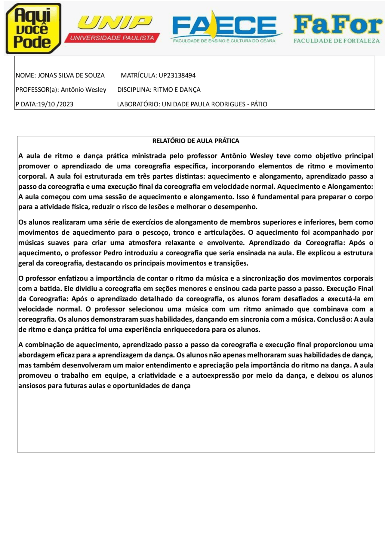 prova ritmo e dança po | Provas Educação Física | Docsity