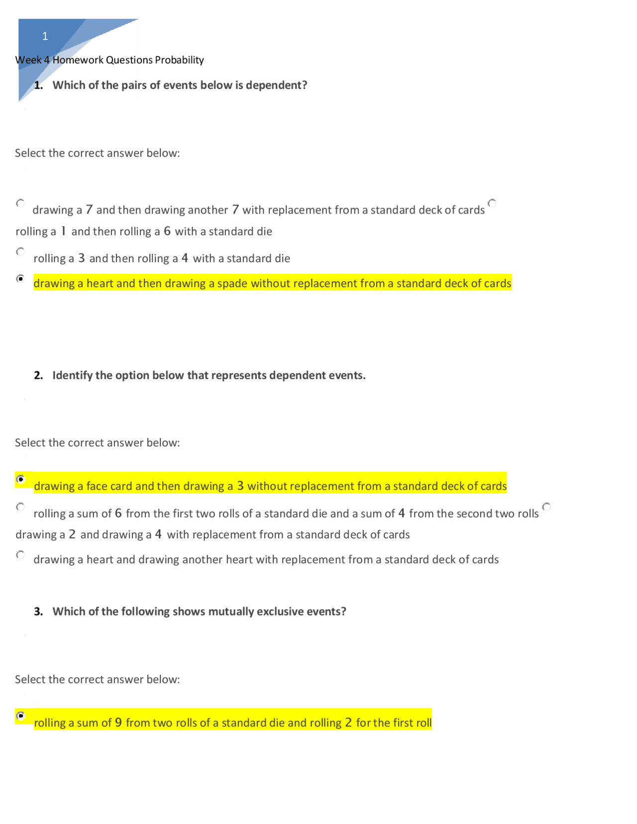 MATH 225N MATH Week 4 Probability Questions and answers | Exams Nursing | Docsity