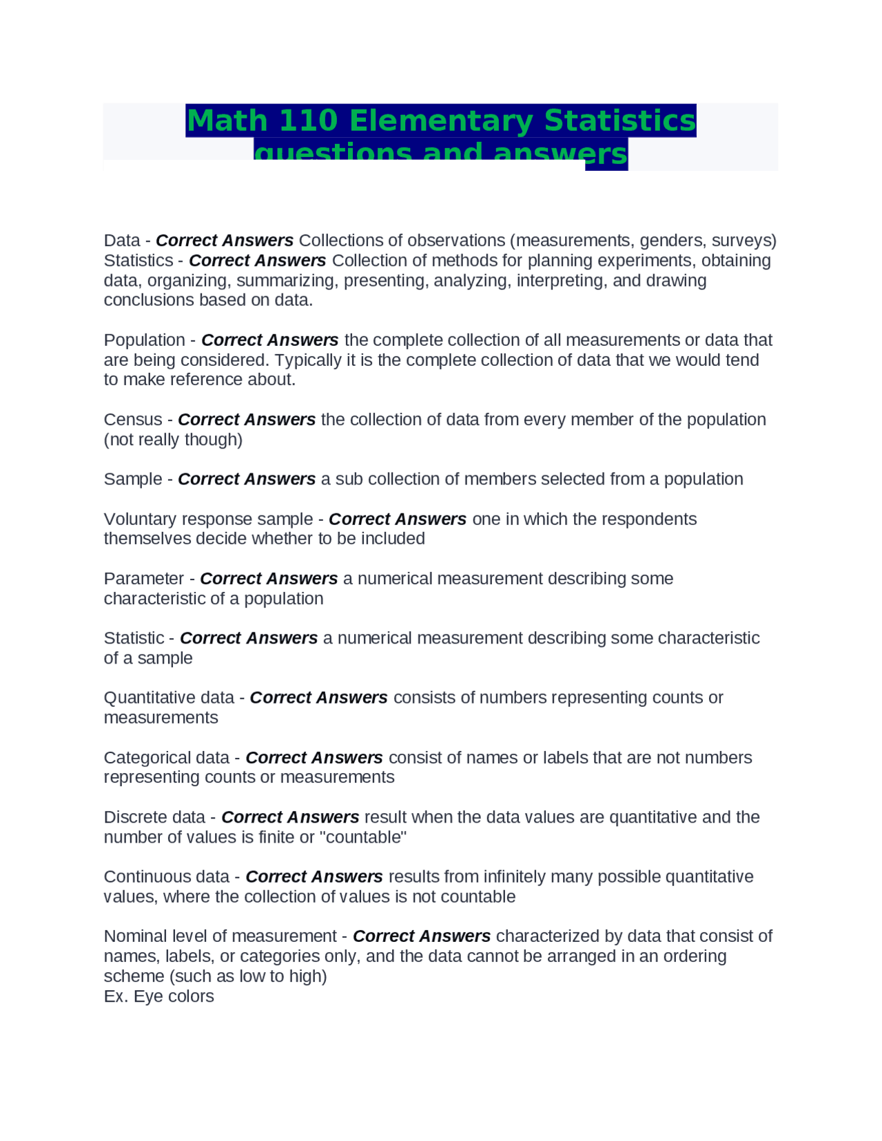 Math 110 Elementary Statistics Questions And Answers Exams Statistics Docsity