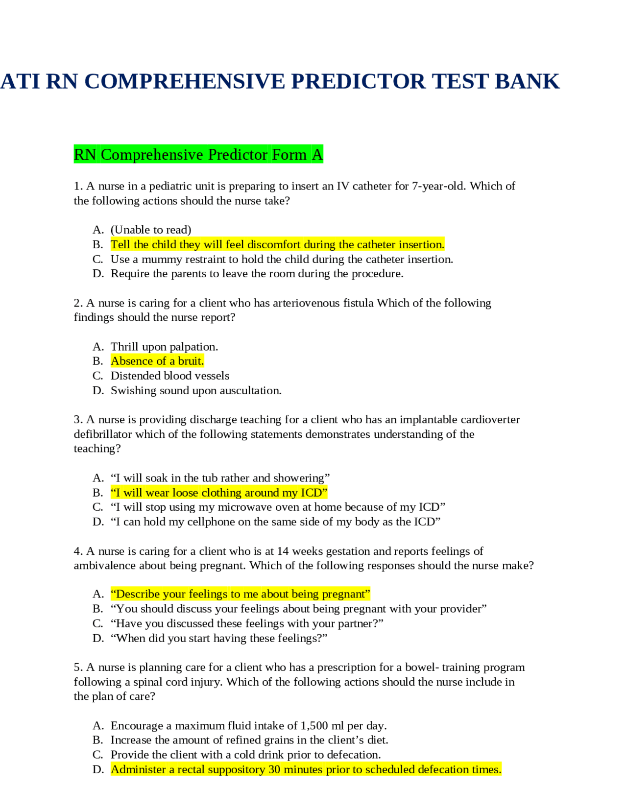 ATI RN COMPREHENSIVE PREDICTOR TEST BANK | Exams Nursing | Docsity