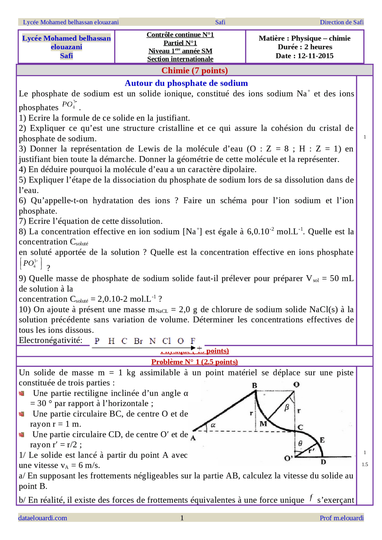Devoir de physique chimie | Exams Physics | Docsity
