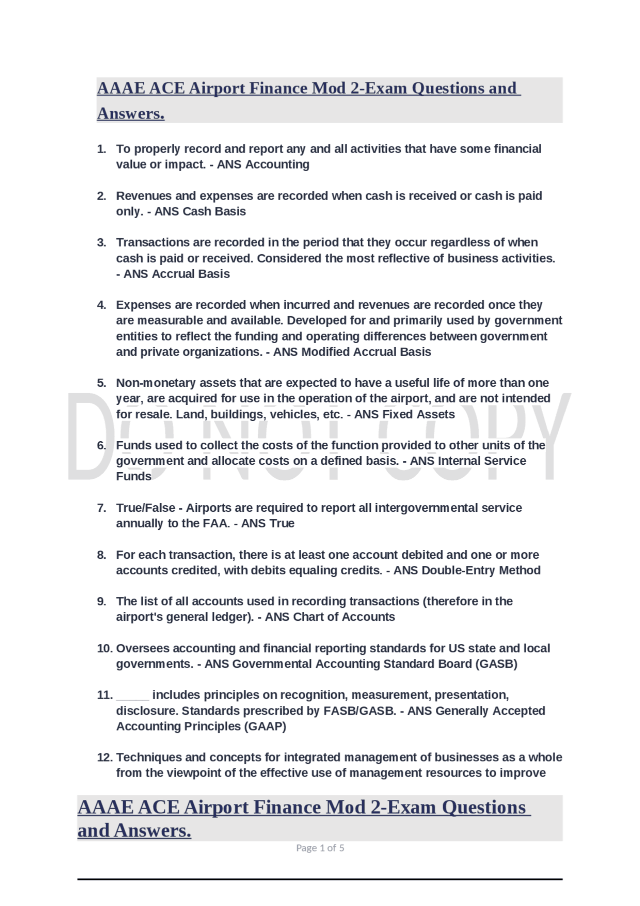 AAAE ACE Airport Finance Mod 2-Exam Questions and Answers. | Exams ...