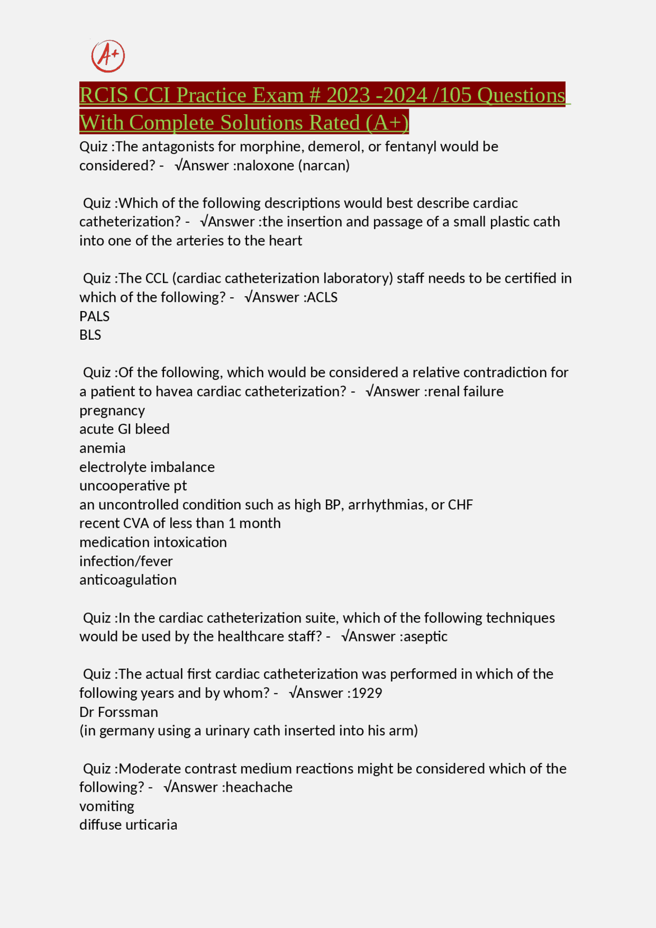 RCIS CCI Practice Exam # 2023 -2024 /105 Questions With Complete Solutions Rated (A+) | Exams ...